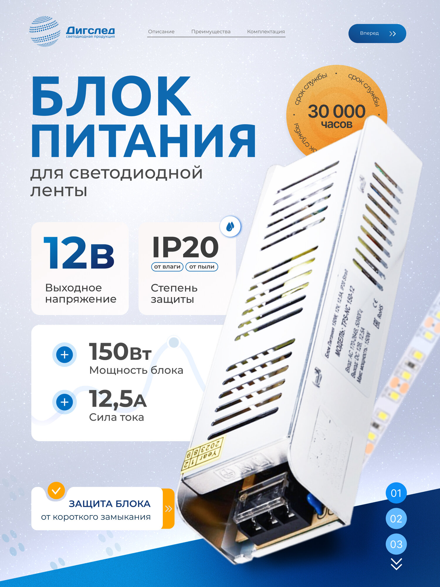 Блок питания 12В / 150Вт для светодиодной ленты, люстры, лампы, модулей, драйвер 12V /150W, IP20,12.5A DIGSLED
