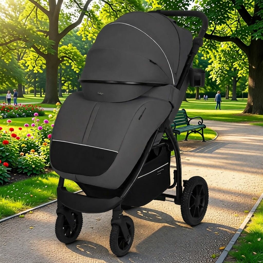 Коляска прогулочная Indigo EPICA SL NEW, 2026 г, с супер мягкой амортизацией , с резиновыми колесами, с дополнительным матрасиком, двойной тканью и регулируемой ручкой. Цвет: Темно-серый
