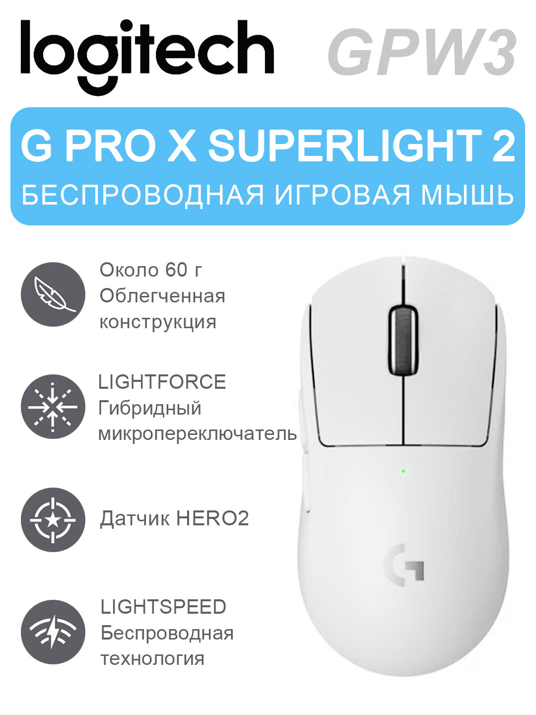 Logitech G PRO X Superlight 2(GPW3)Легкая Беспроводная Мышь для Игровых 60г белый