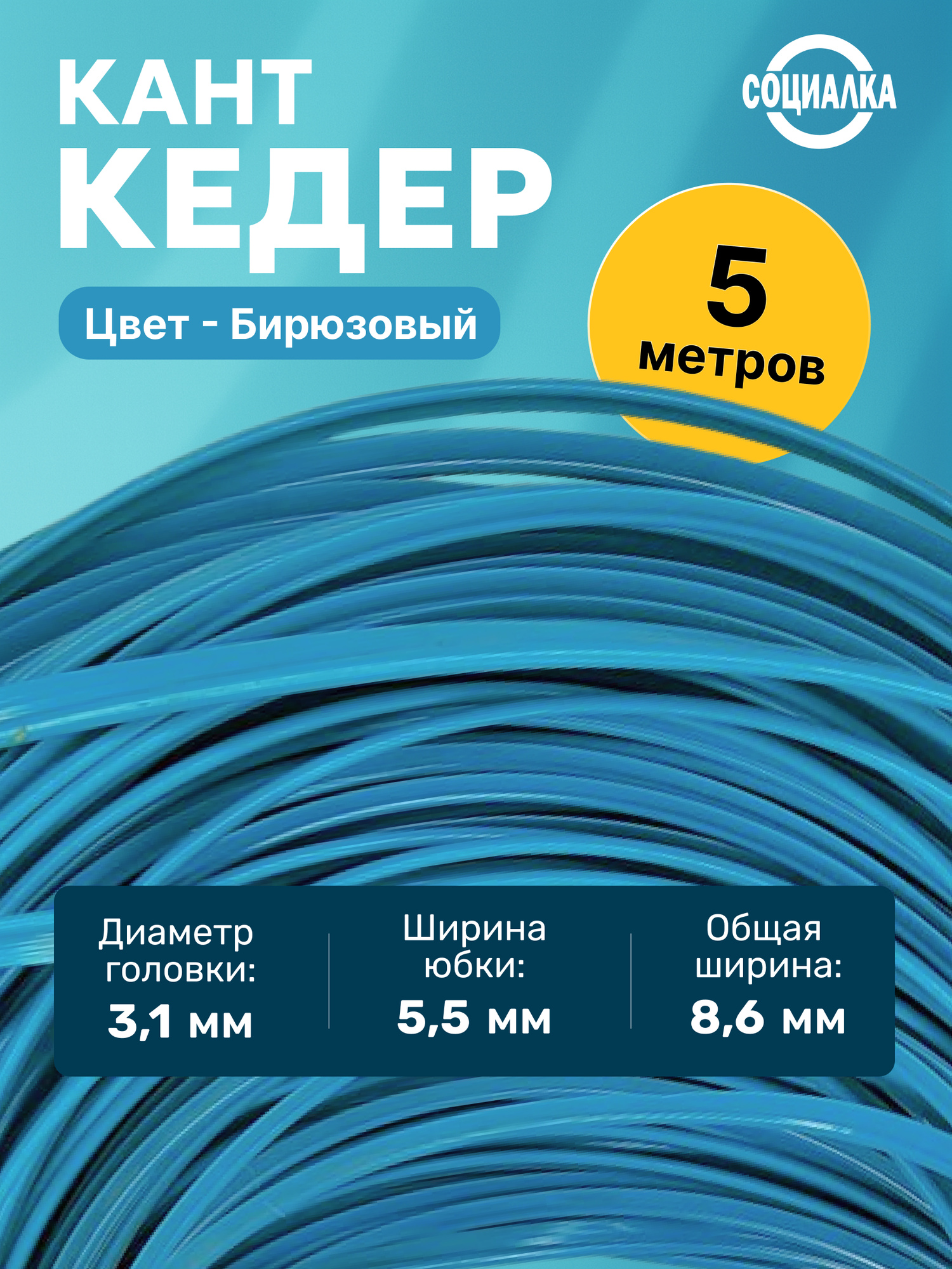 Кедер (кант, жилка) для сумок, авточехлов и одежды, намотка 5м, бирюзовый/размер: ширина головки 3.1мм; длина юбки 5.5мм