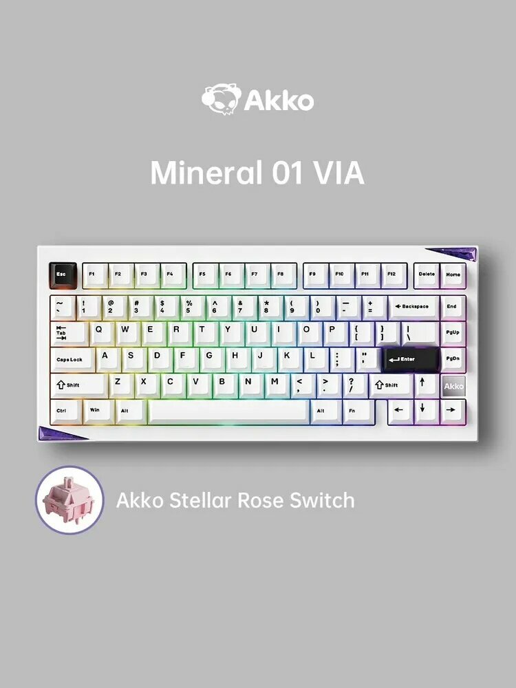AKKO Игровая клавиатура беспроводная Akko Mineral 01 VIA Yunmo Трехрежимная механическая клавиатура, RGB подсветка, 81 клавиши, US раскладка, с поддержкой горячей замены переключателей, (Akko Stellar Rose), Английская раскладка, белый, черный