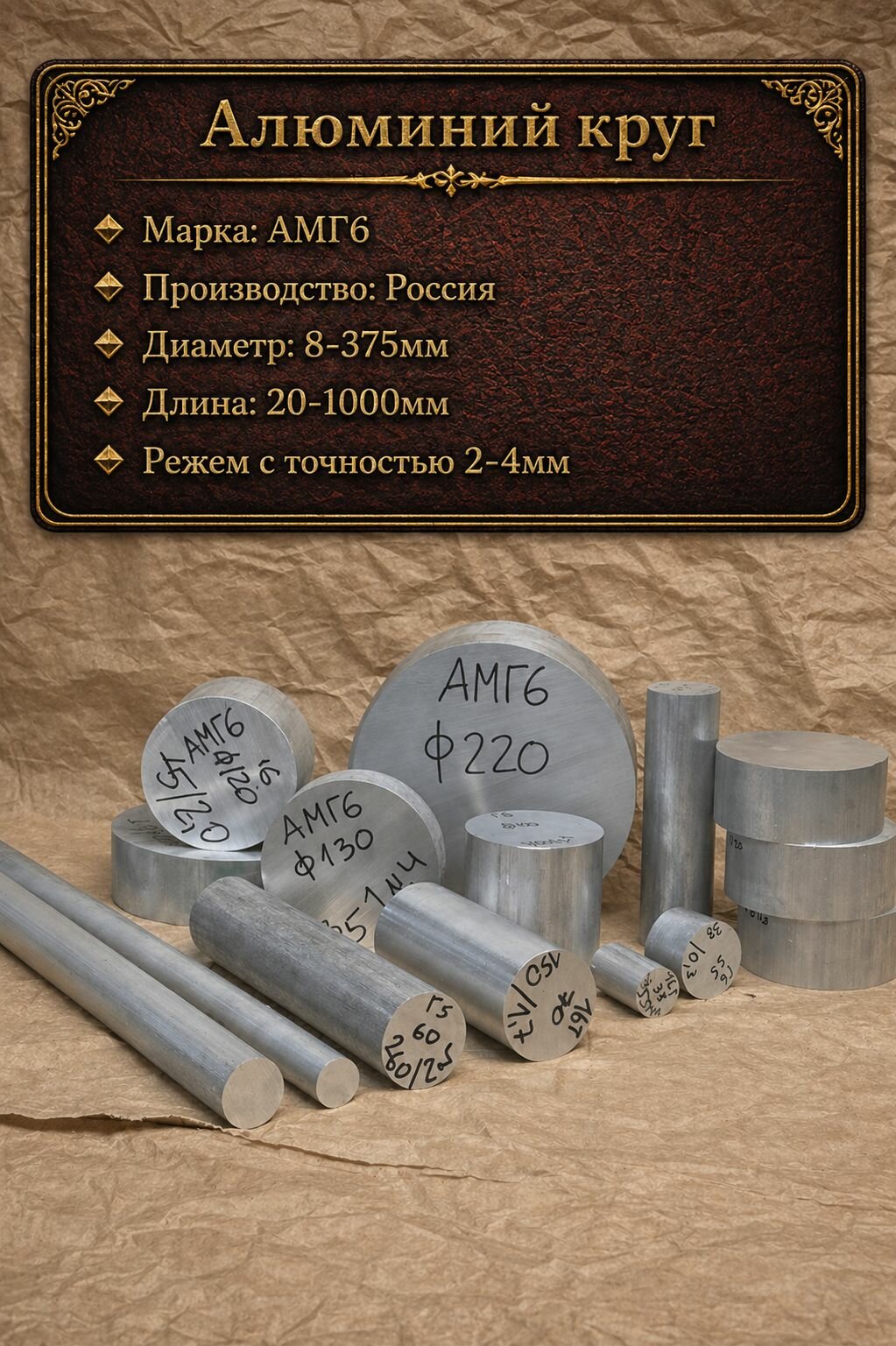 Алюминий Круг, Стержень, Пруток АМГ6, Диаметр 100мм, длина 150мм