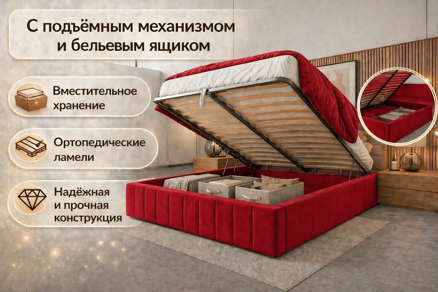 120х200, двуспальная кровать с подъемным механизмом, ящиками для белья, красный