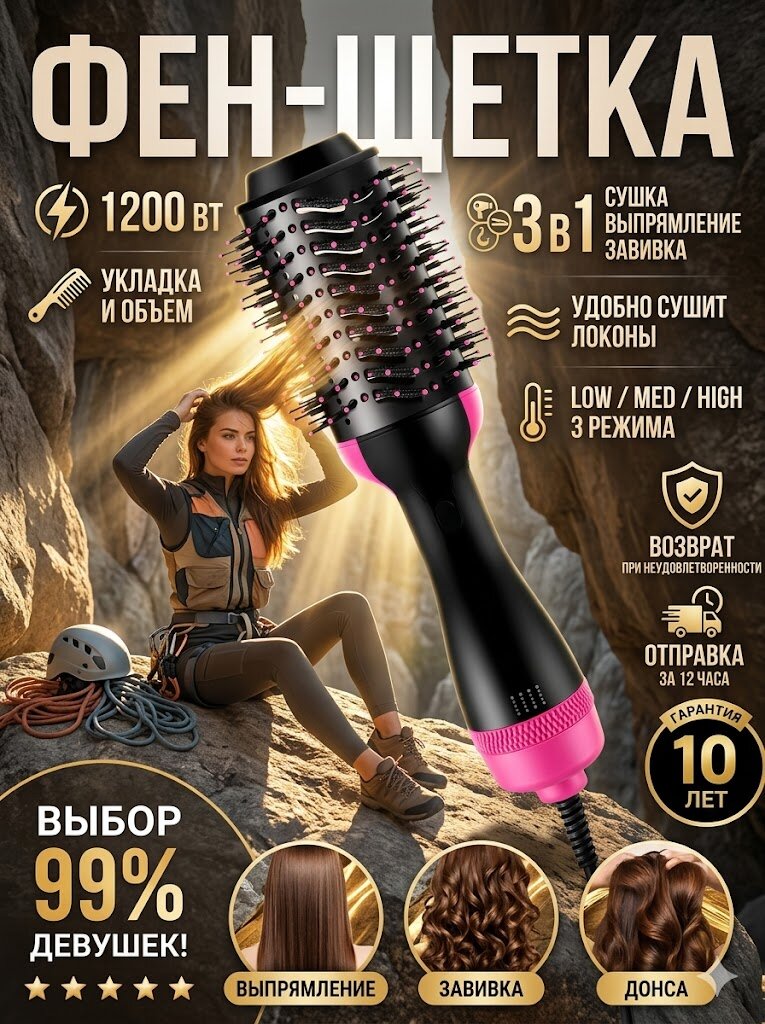 Фен-щетка для волос / Расческа с ионизацией One Step Фен-щётка (расчёска-фен) для волос Hair Dryer 3 в 1