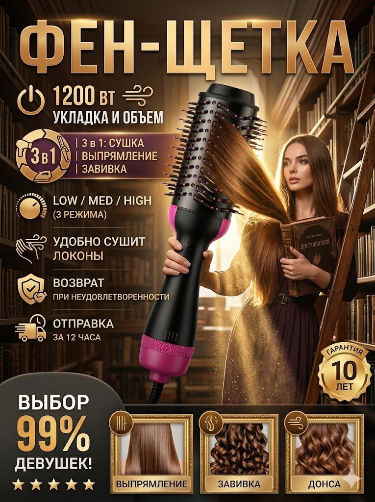 Фен-щетка для волос / Расческа с ионизацией One Step Фен-щётка (расчёска-фен) для волос Hair Dryer 3 в 1