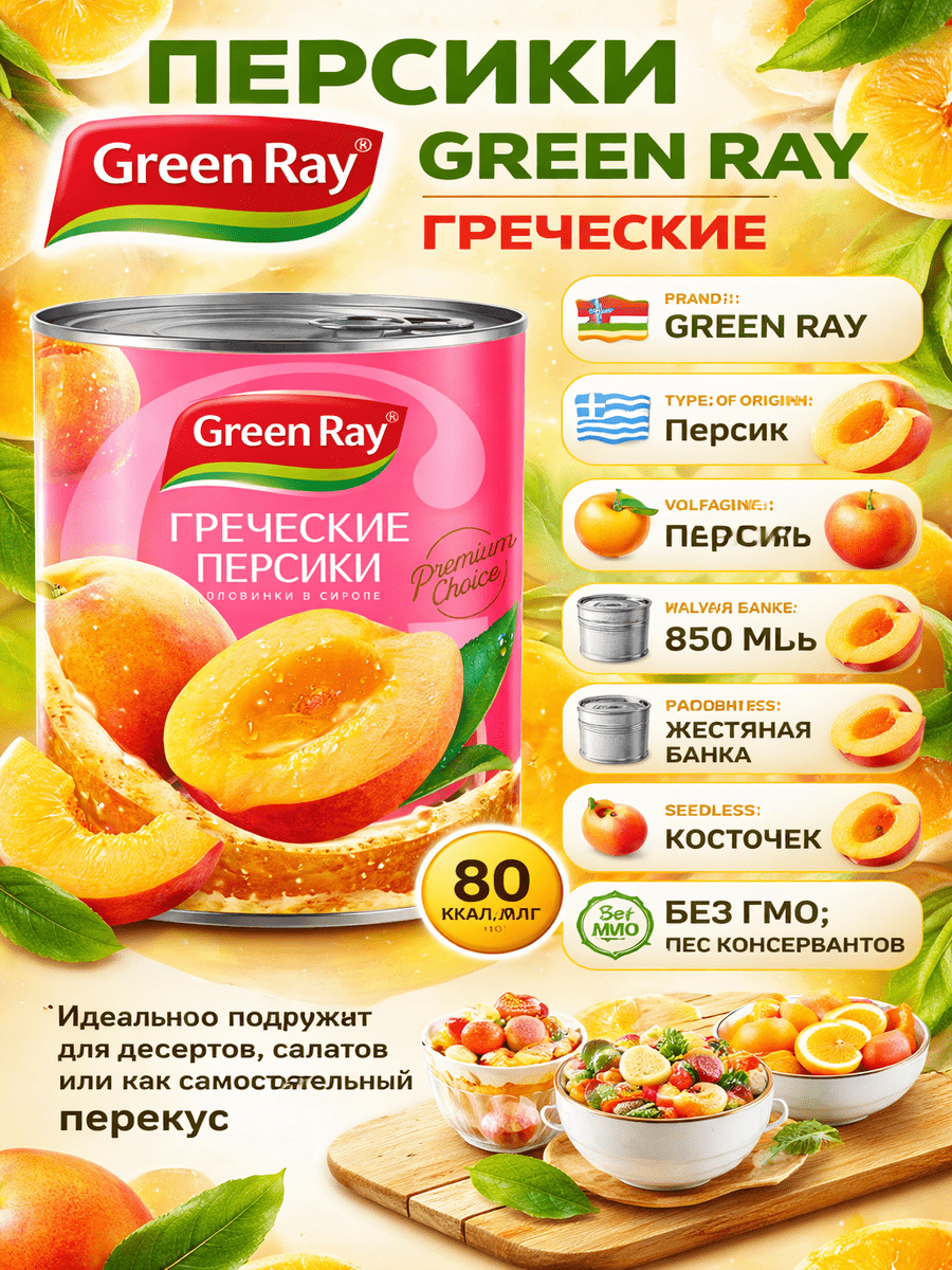 Персики Green Ray Греческие половинки в сиропе, 850мл