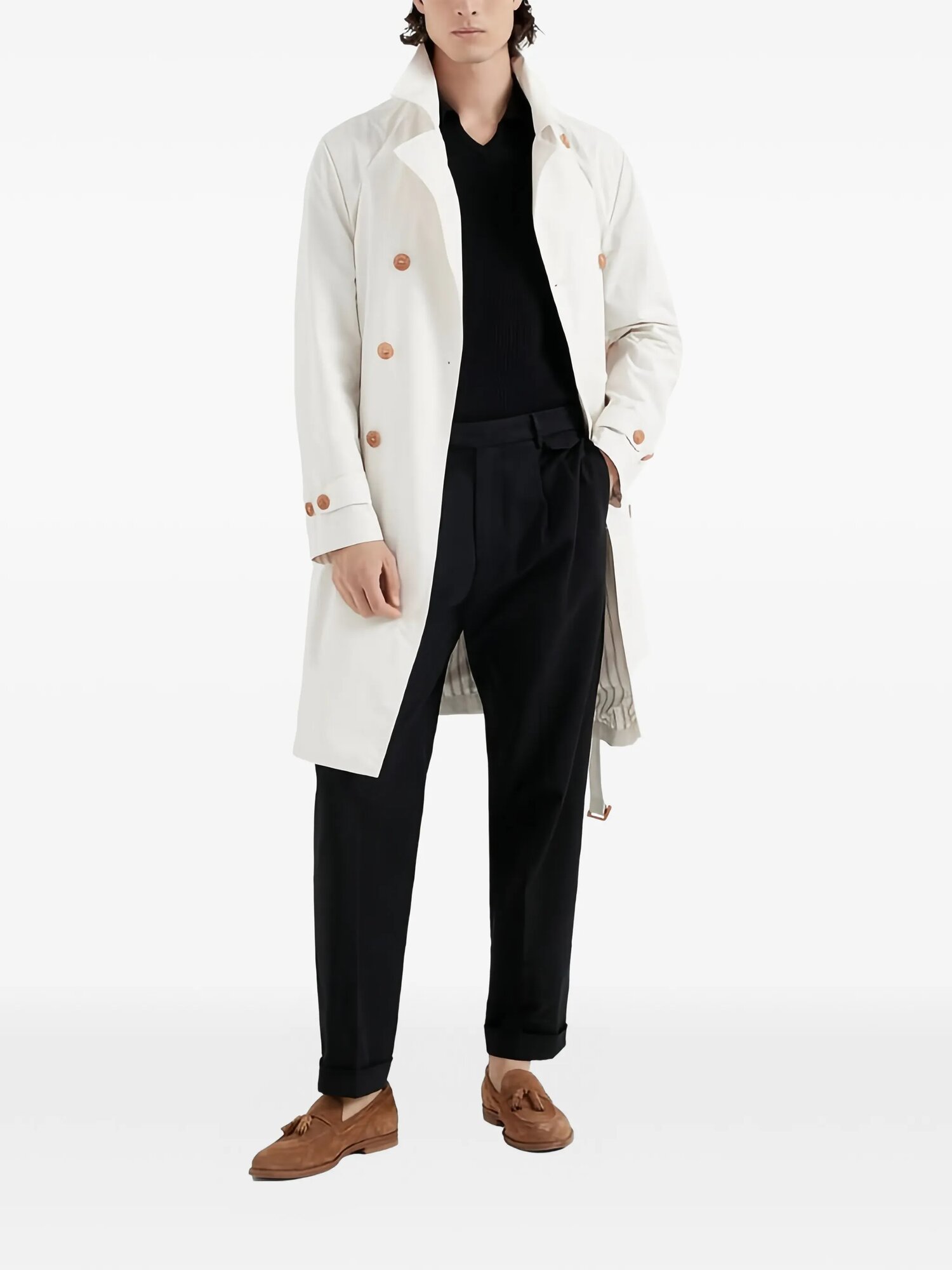Пальто BRUNELLO CUCINELLI Double-breasted belted trench coat, размер 52, бежевый/белый — фото 1