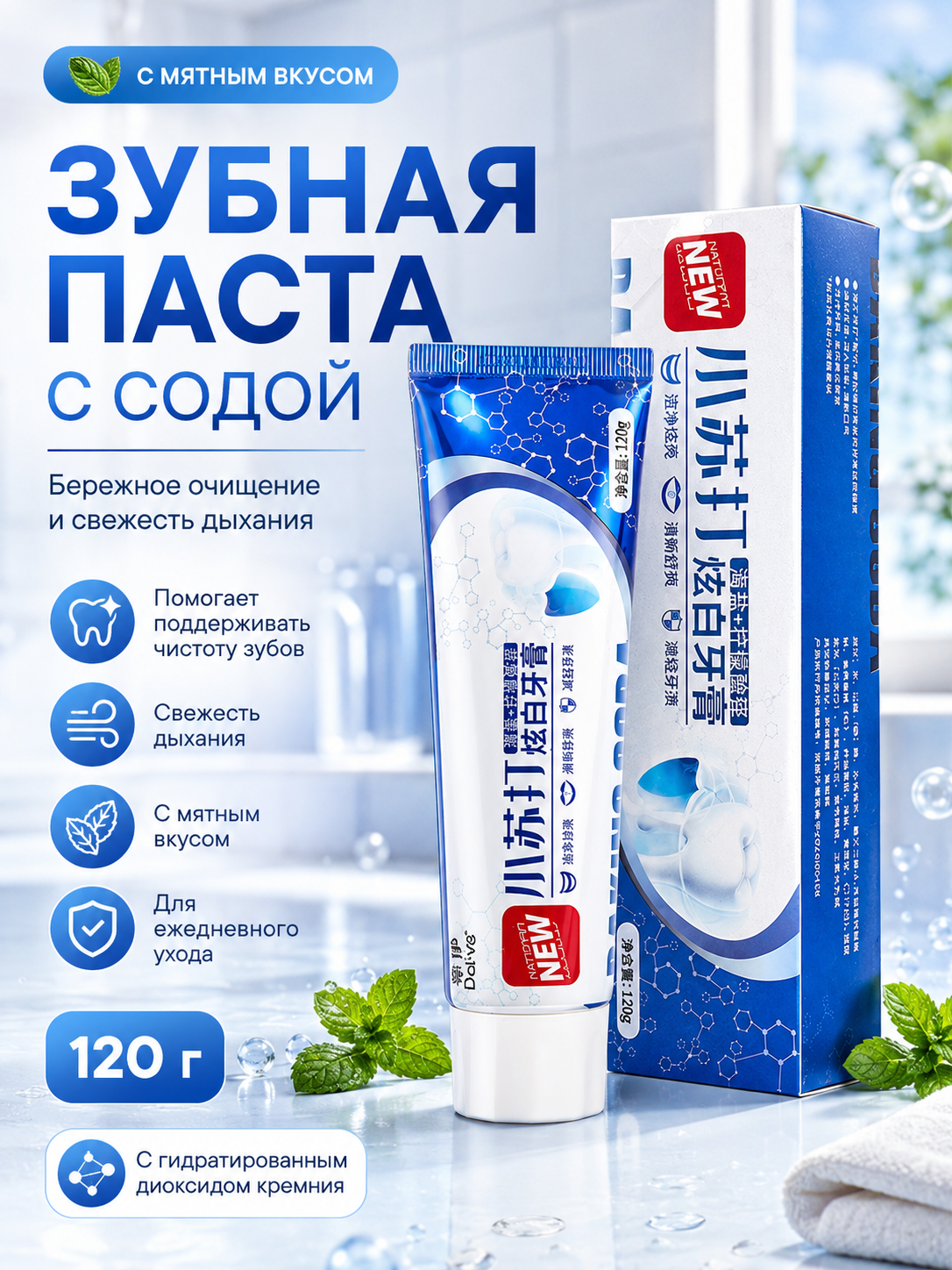 Зубная паста с содой и мятой 120 г, для свежего дыхания, бережной чистки и ухода за эмалью150