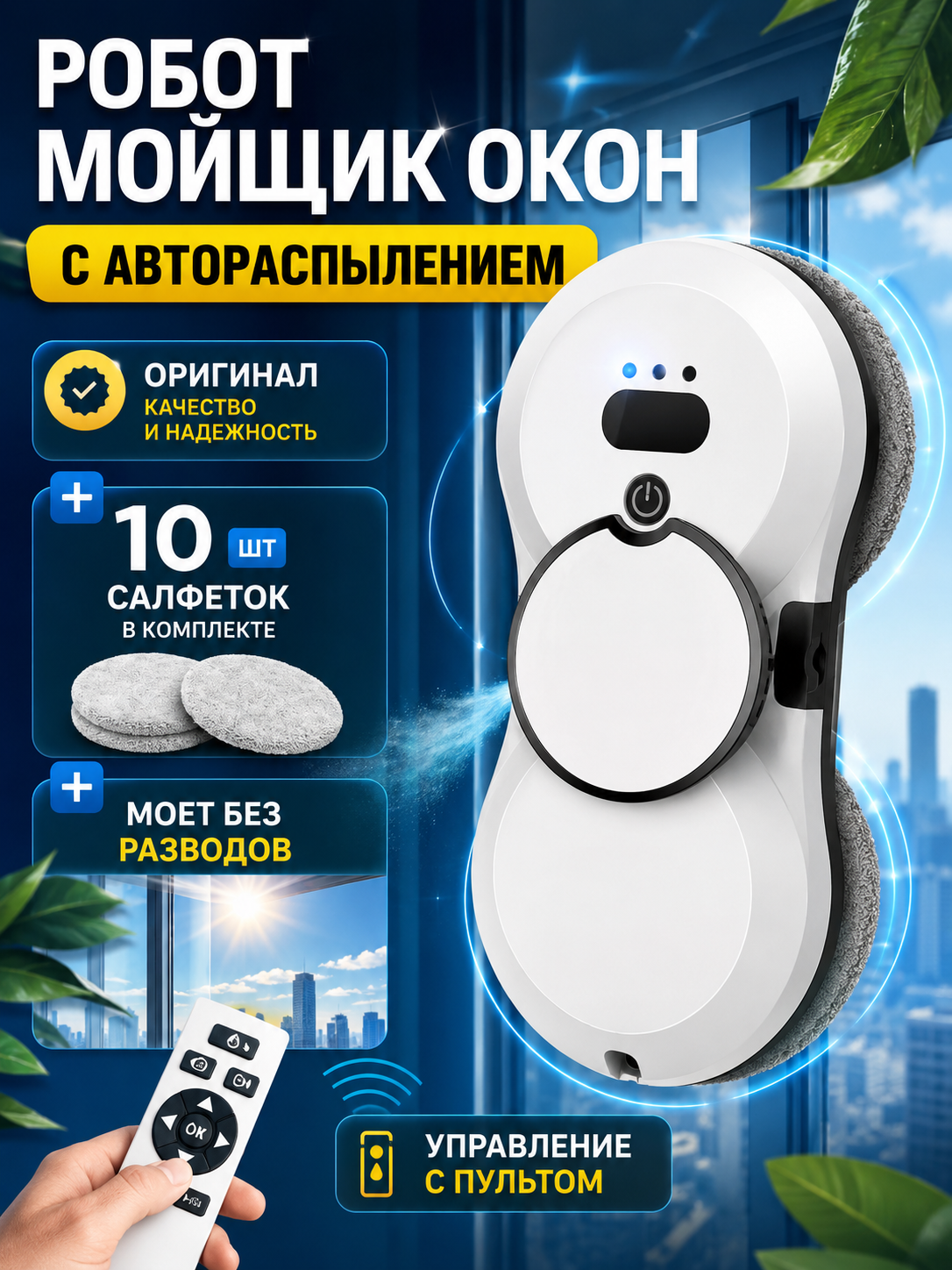 Робот мойщик окон, функция распыления, дистанционное управление, 10 сменных салфеток