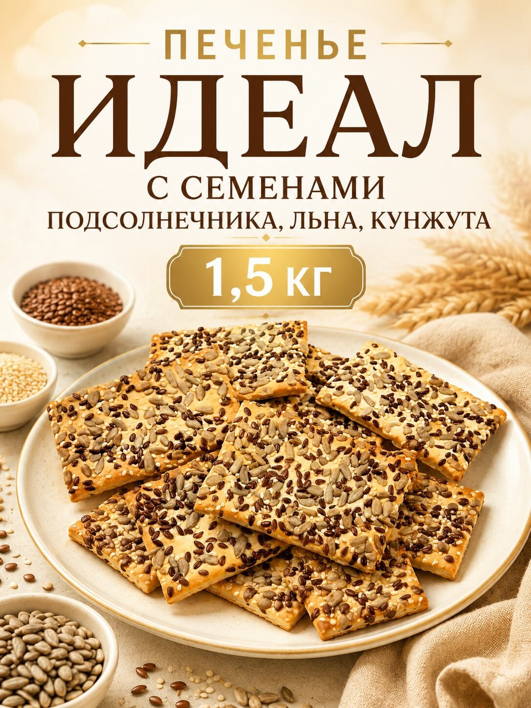 Печенье Идеал с семенами подсолнечника, льна, кунжута 1,5 кг