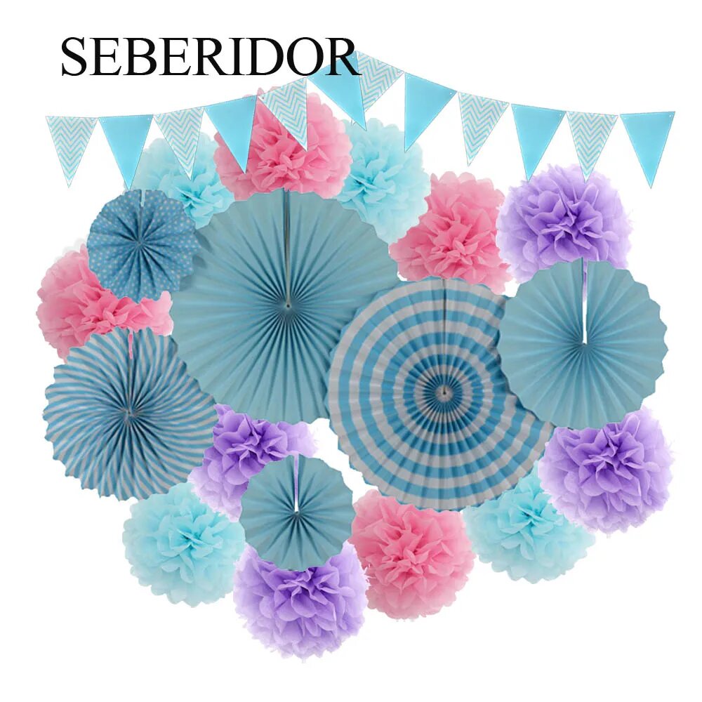 Набор бумажных вееров SEBERIDOR 19 шт. Blue Pink Purple