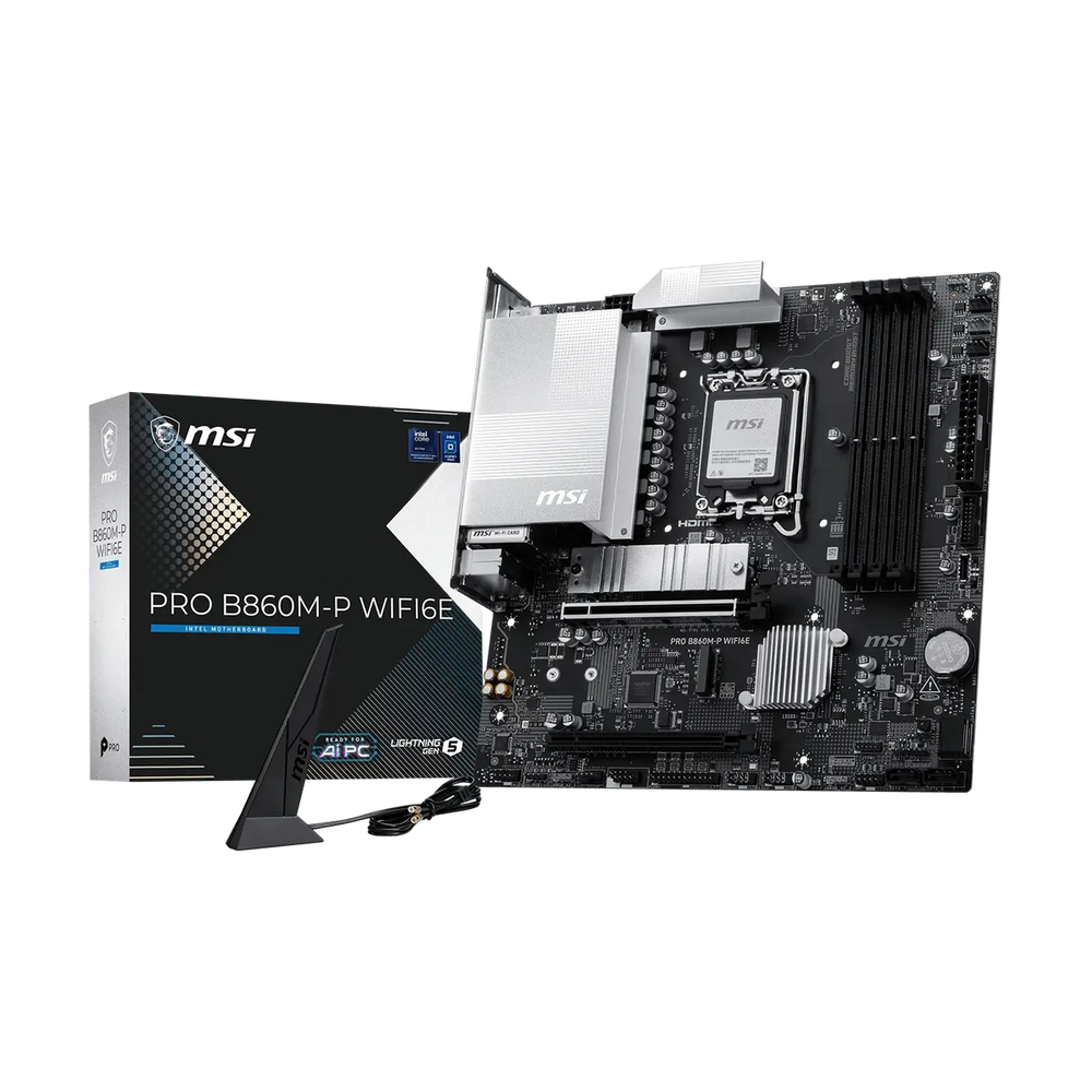 Материнская плата MSI PRO B860M-P WIFI6E B860, LGA1851, 4*DDR5, 2*PCIEx16, 2*M.2, 1*TypeC, 5*USB3.2Gen1, 6*USB2.0, 4*SATA3, 2.5G, VGA, DP, HDMI, M-ATX, RTL