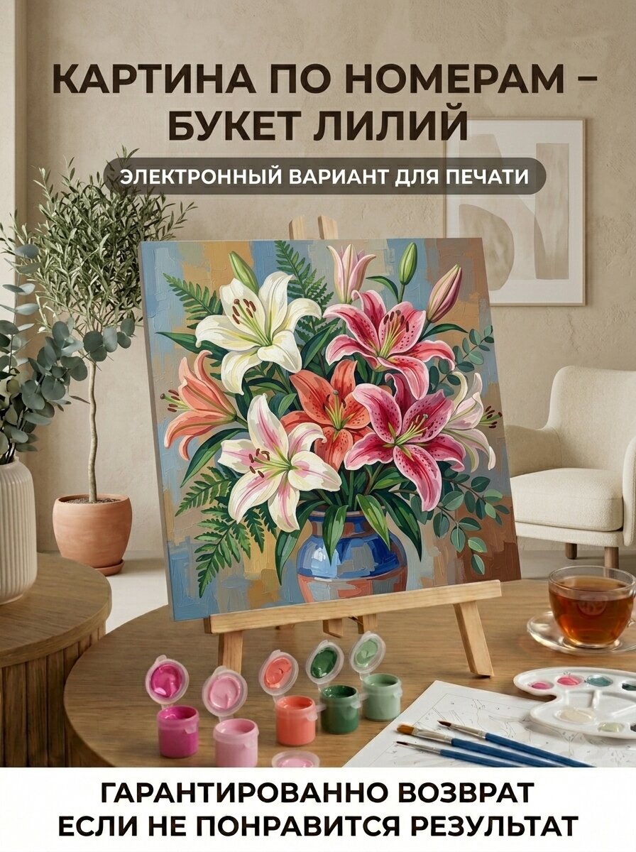 Картина по номерам "Букет лилий", на холсте, PDF-инструкция