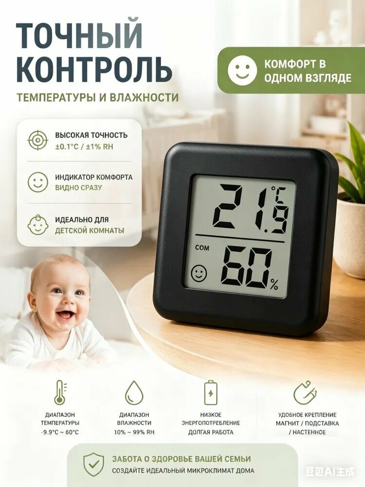 Термометр комнатный, гигрометр. Метеостанция. Цифровой измеритель влажности и температуры. Точные измерения.