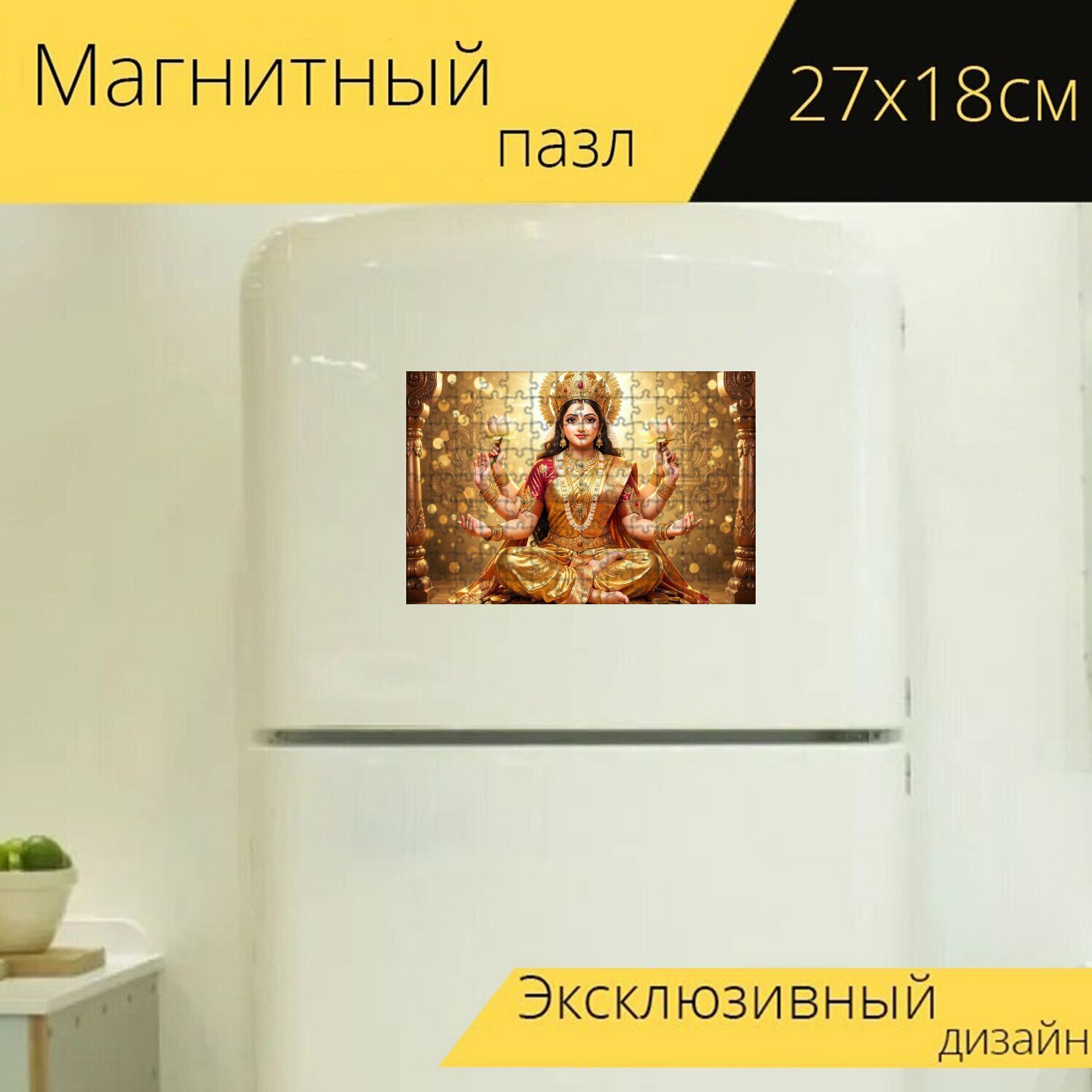 Магнитный пазл "Лакшми среди золотого сияния. Роскошный восточный образ в теплых золотых тонах: изящное божество с множеством рук, цветками в ладонях." на холодильник 27 x 18 см.