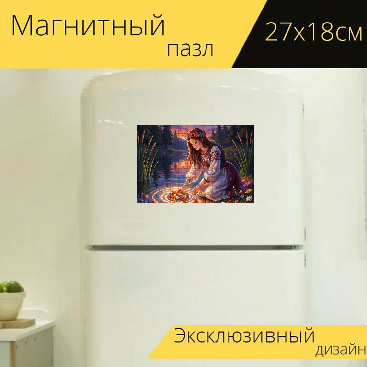Магнитный пазл "Девушка у вечерней воды. Юная славянка в вышитом платье и венке бережно опускает цветочный венок в тихое озеро на фоне сосен и заката." на холодильник 27 x 18 см.