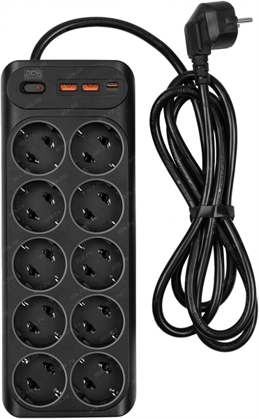 SP-10 USB2A1CB 3.0M Powercom Сетевой фильтр-удлинитель/ PowerCom , 10 розеток, черный, 16А, 4кВт, 204Дж, защитные штор