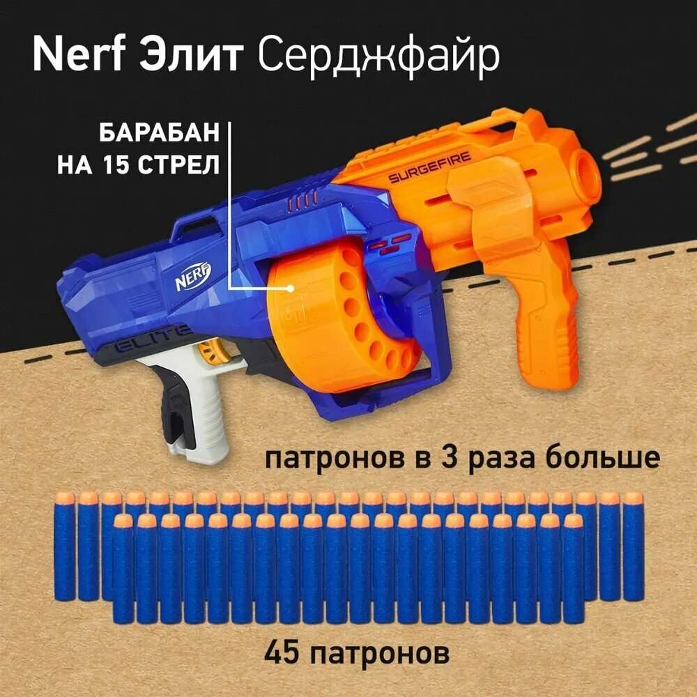 Бластер Нерф Элит Серджфайр - Nerf Elite Surgefire, автомат детский, в три раза больше патронов Нерф, игрушки для мальчика