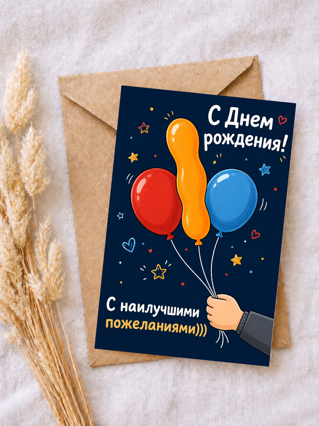 Открытка «С Днём рождения — с наилучшими пожеланиями» 10х15 с крафт-конвертом, яркая открытка с шарами