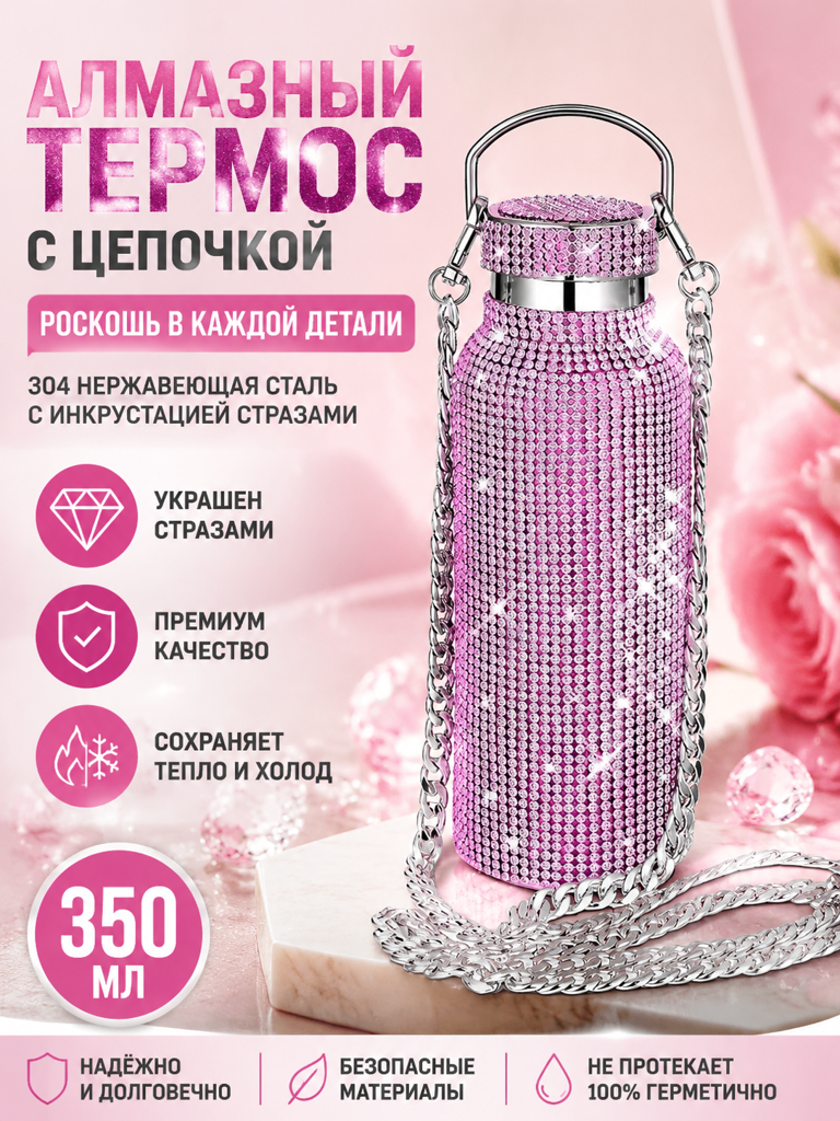 Термос со стразами и цепочкой, бутылка для воды из нержавеющей стали 304, подарочная термокружка, розовый, 350 мл