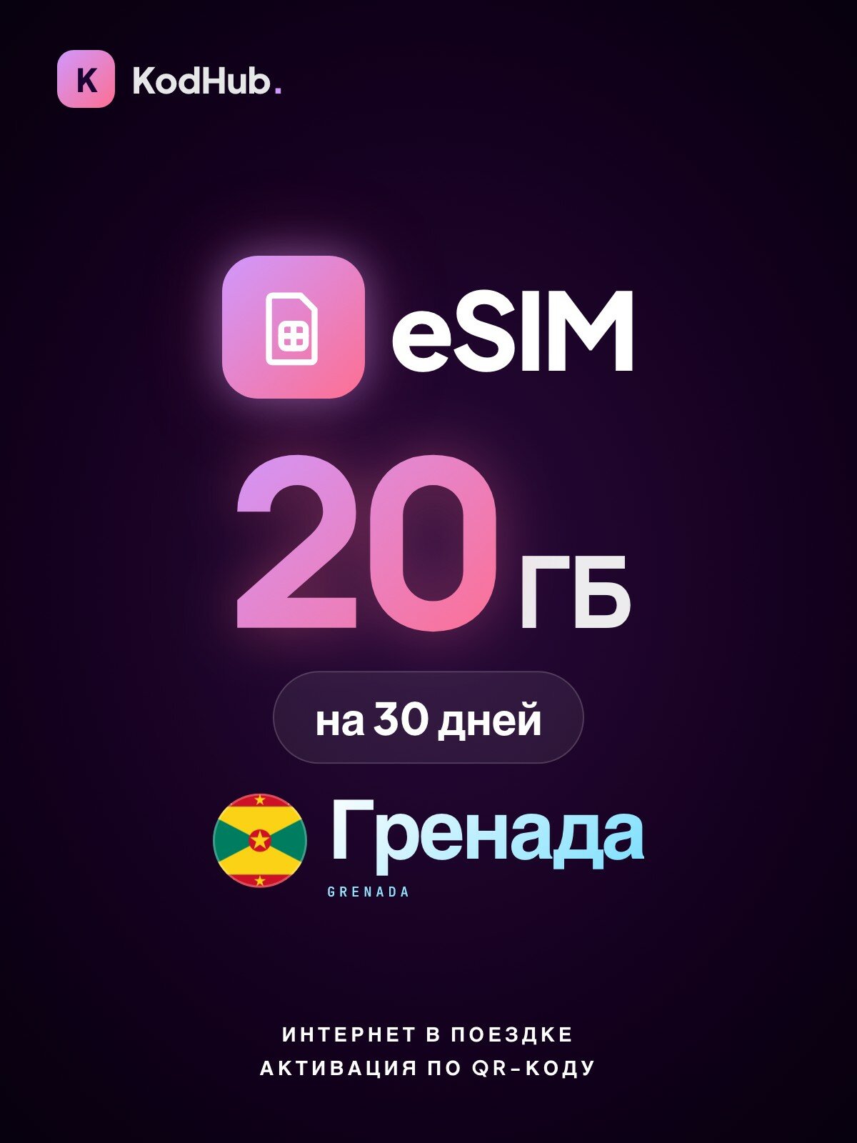 Туристическая eSIM Гренада 20 ГБ на 30 дней | интернет в поездке, связь за границей | QR-код активации
