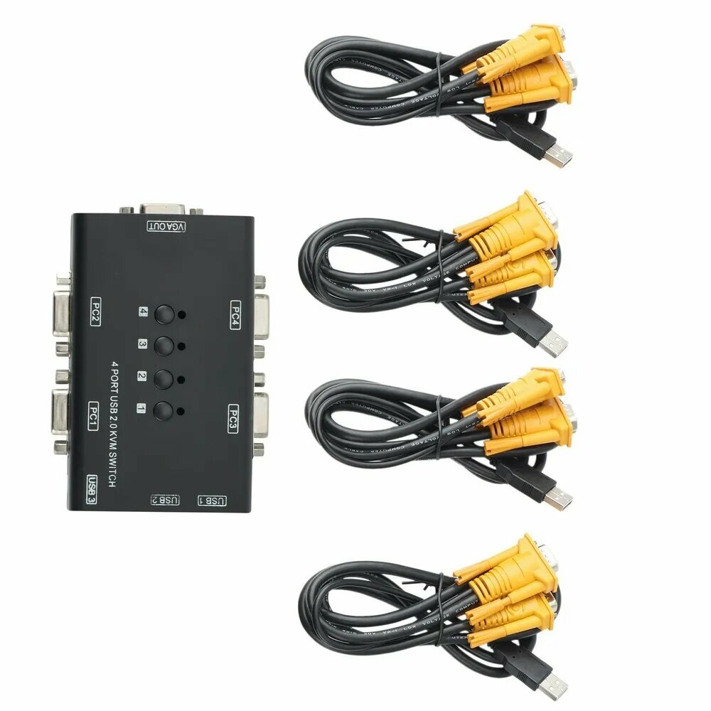 KVM-переключатель, USB VGA KVM-переключатель для совместного использования 4 ПК с одним видеомонитором и 3 USB-устройствами, ПК, клавиатуры,