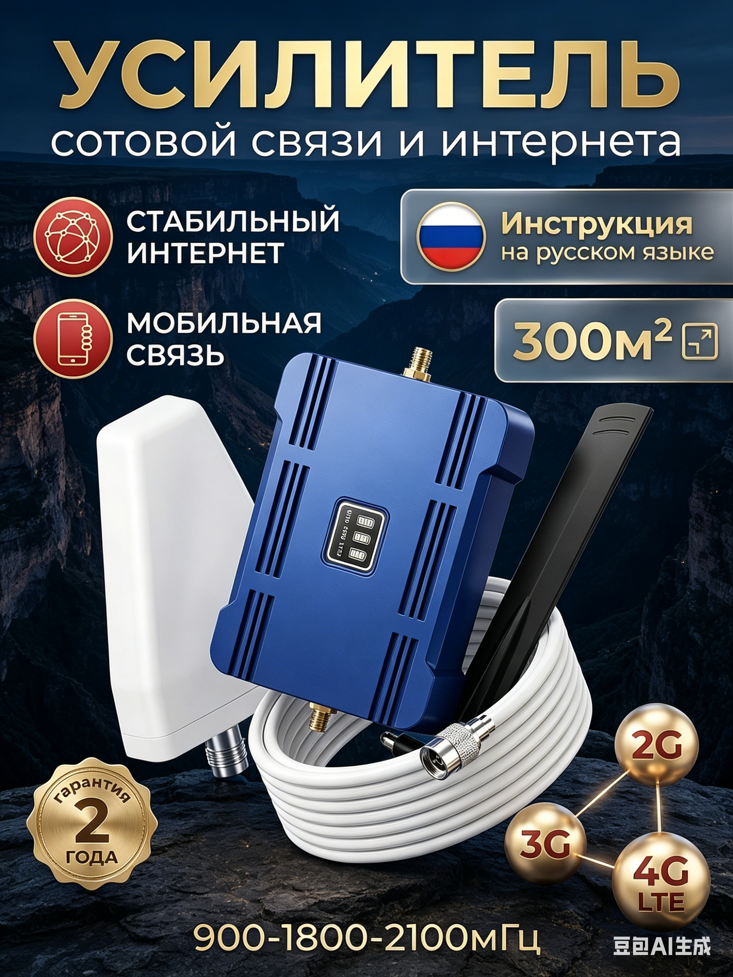 Усилитель сотовой связи 900/1800/2100 МГц (2G/3G/4G): до 70 км, направленный, синий, 1.3 кг