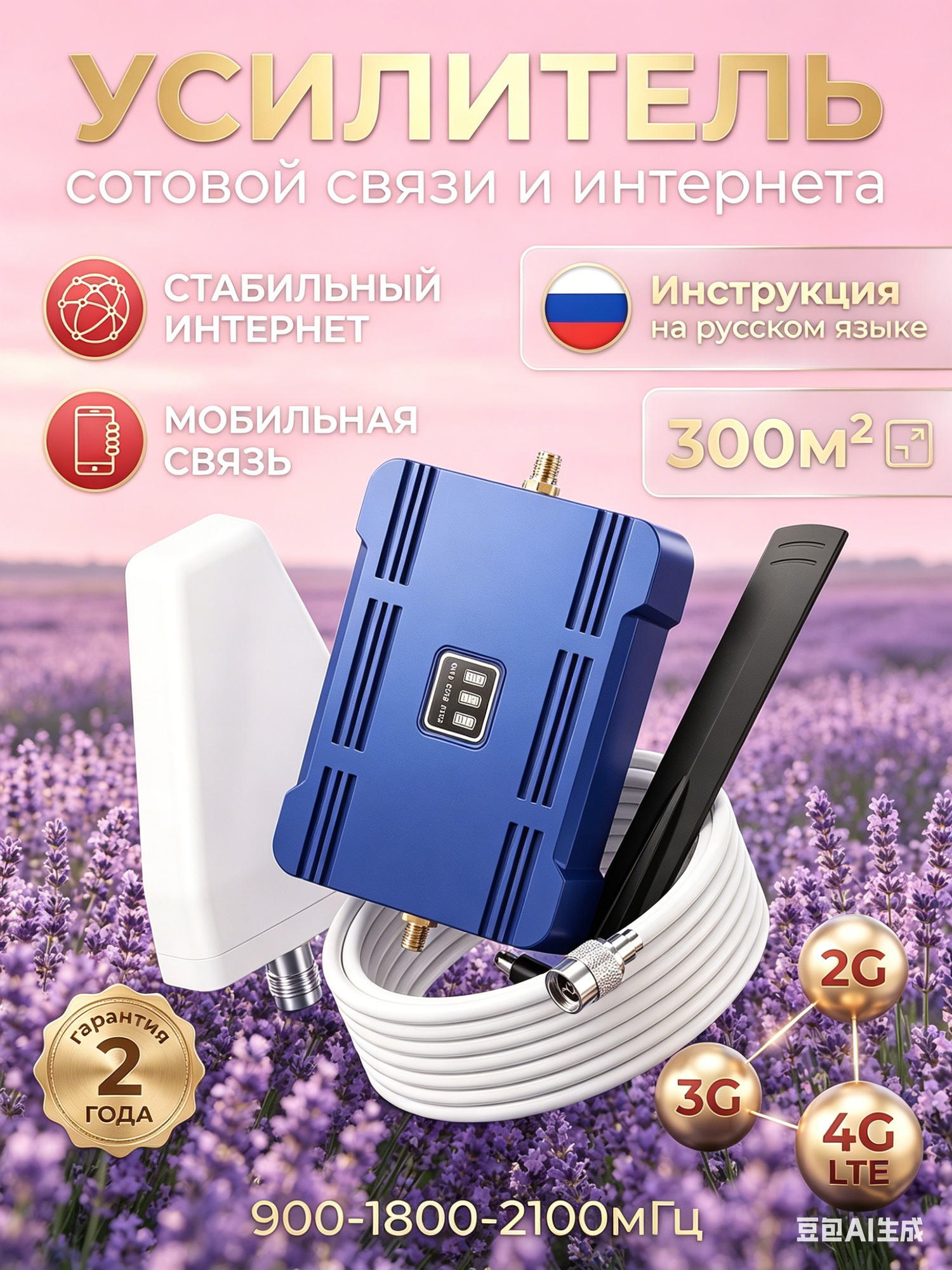 Усилитель сотовой связи 900/1800/2100 МГц (2G/3G/4G): до 70 км, направленный, синий, 1.3 кг