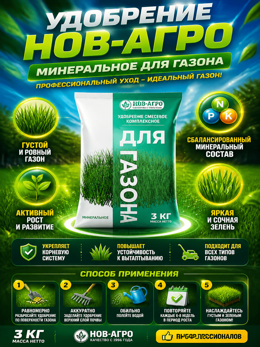 Удобрение нов-агро Минеральное, д/газона Арт. НА10 (Россия) 3кг