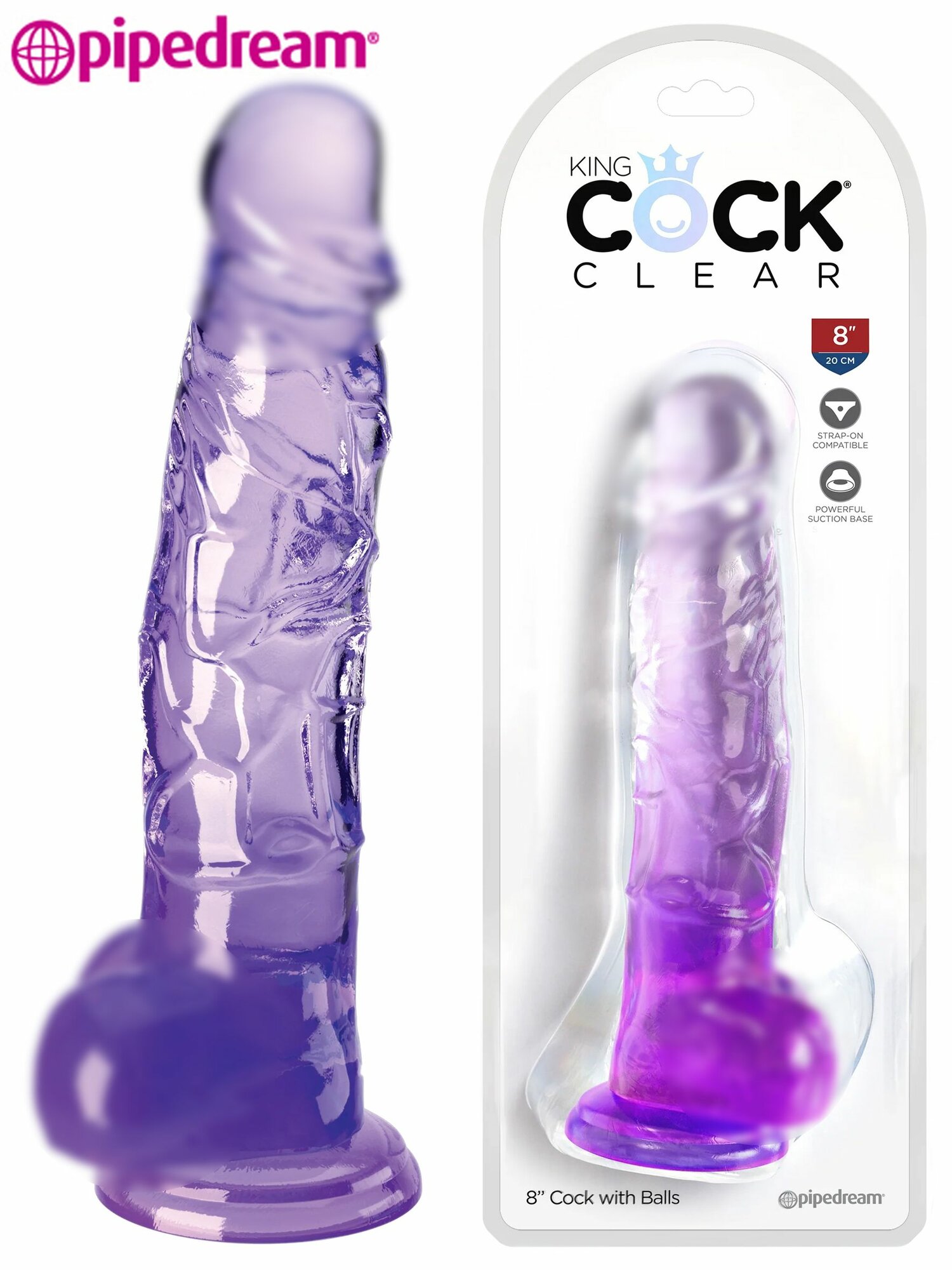 PipeDream King Cock Clear, Cock with Balls 8" Фаллоимитатор с мошонкой, прозрачный/фиолетовый (22.2 х 5.1 см)