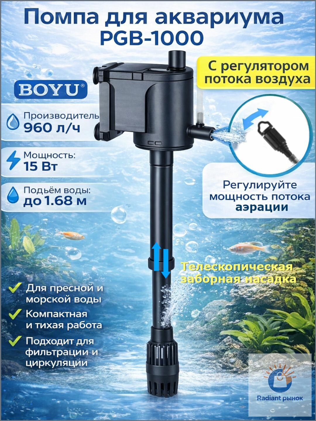 Помпа подъёмная Boyu PGB-1000 15 Вт 960 л/час