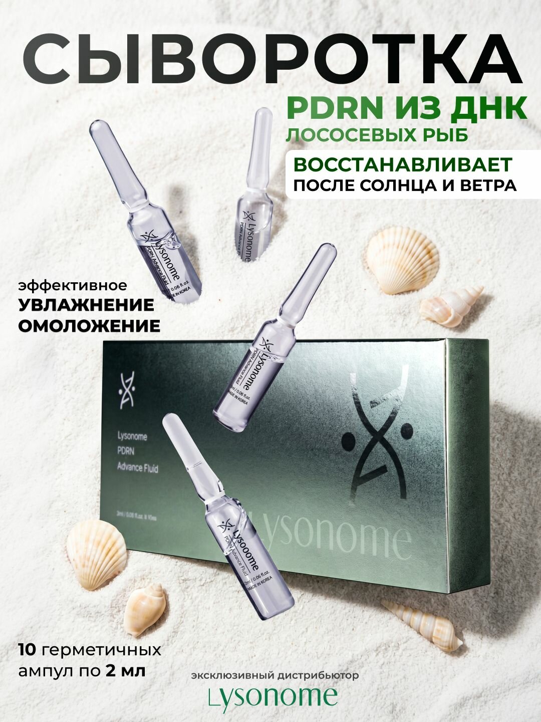 Сыворотка для лица антивозрастная с pdrn ниацинамидом гиалуроновой кислотой, Lysonome, набор увлажняющих флюидов для лица из 10 стерильных ампул по 2мл