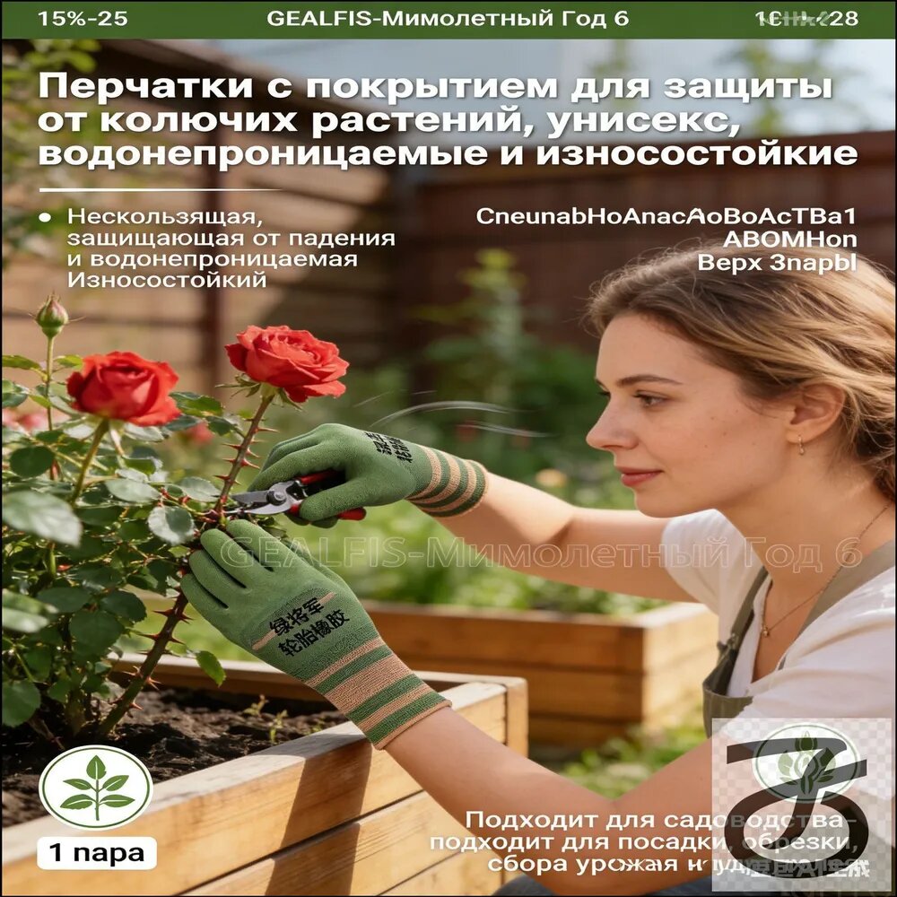 GEALFIS Перчатки от шипов роз защитные садовые непромокаемые с покрытием для обрезки кустов унисекс