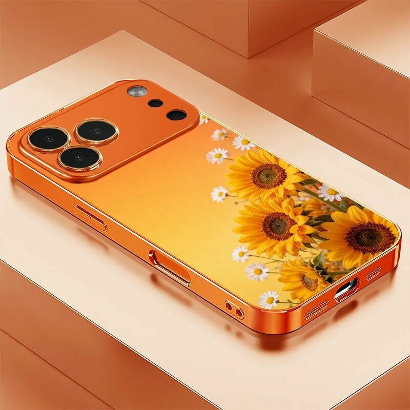 IPhone 17 Pro Max Оранжево-жёлтый чехол с подсолнухами и звёздным сиянием, закаленное стекло