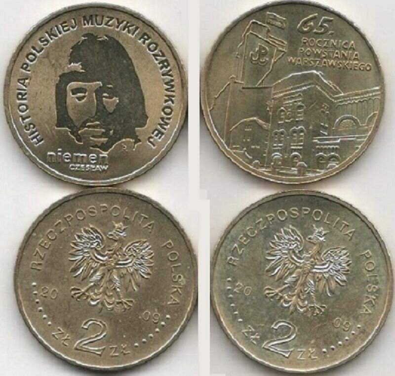 173 175 2 монеты по 2 злотых Набор монет Польша 2009 год UNC