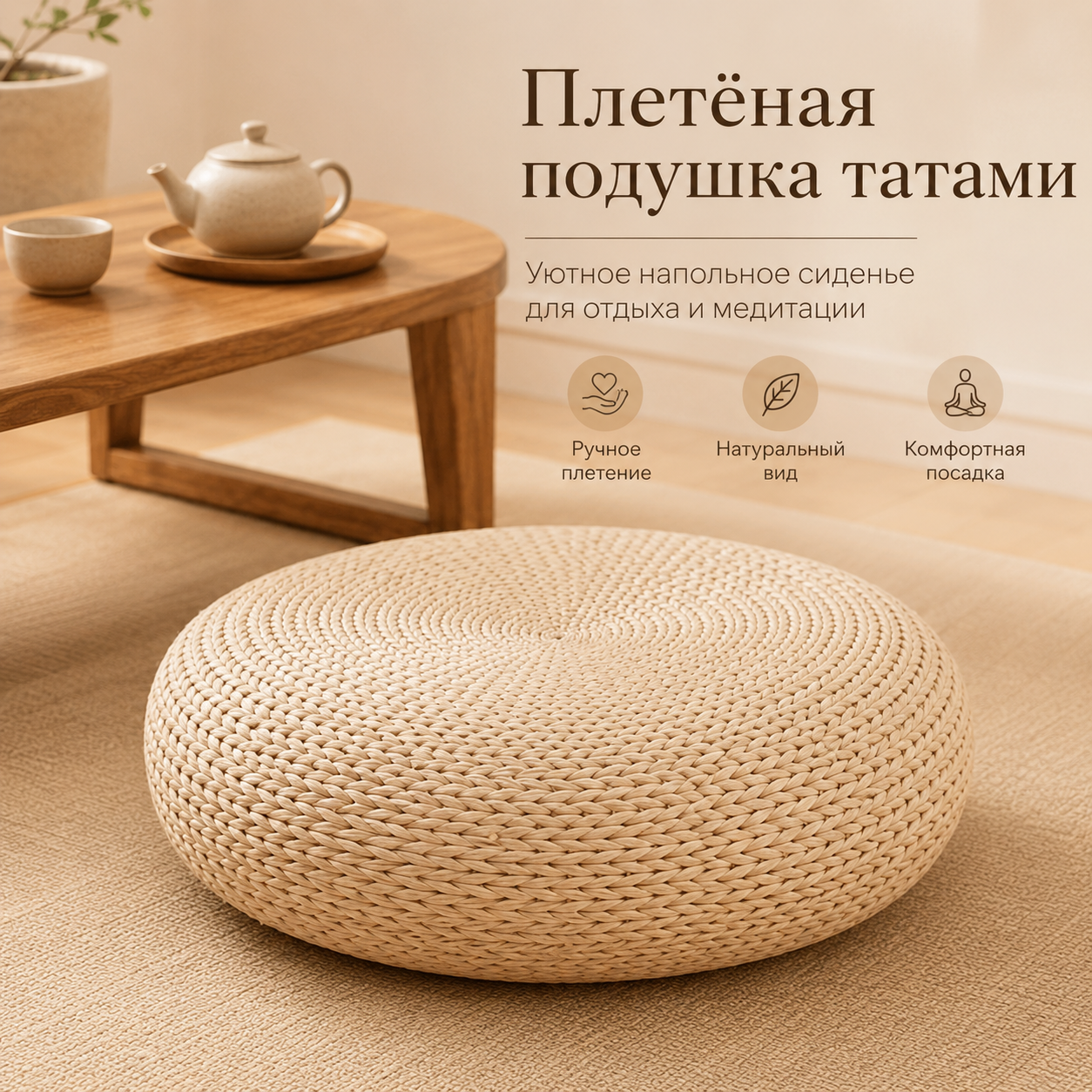 Круглая подушка‑пуф татами, ручное плетение, напольная сидячая подушка для гостиной, 40х40х16 см
