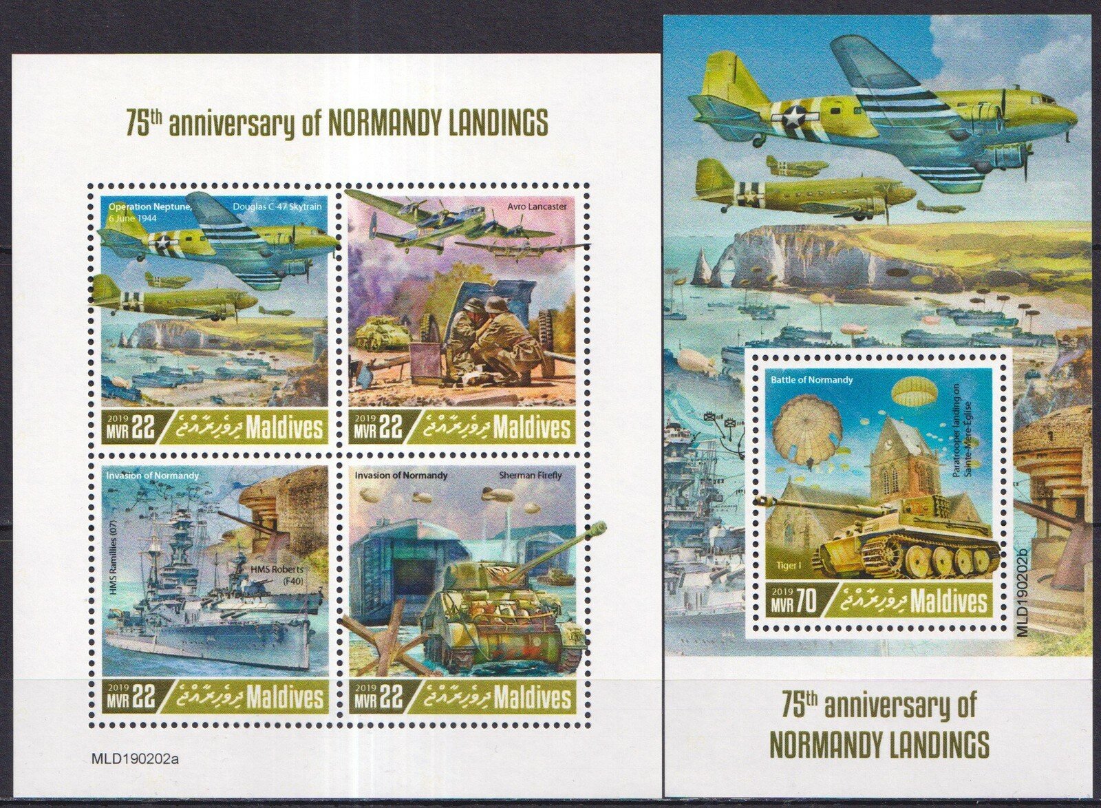 Марки 2019 год Мальдивы Высадка в Нормандии Вторая мировая война WWII #8274-77+Bl1320 Mnh