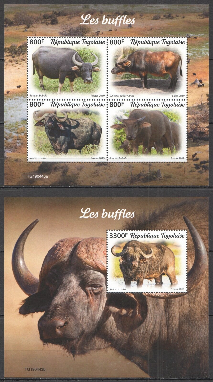 Марки 2019 год Того Буйволы Дикие животные Фауна #7454-7457+Bl1716 Mnh