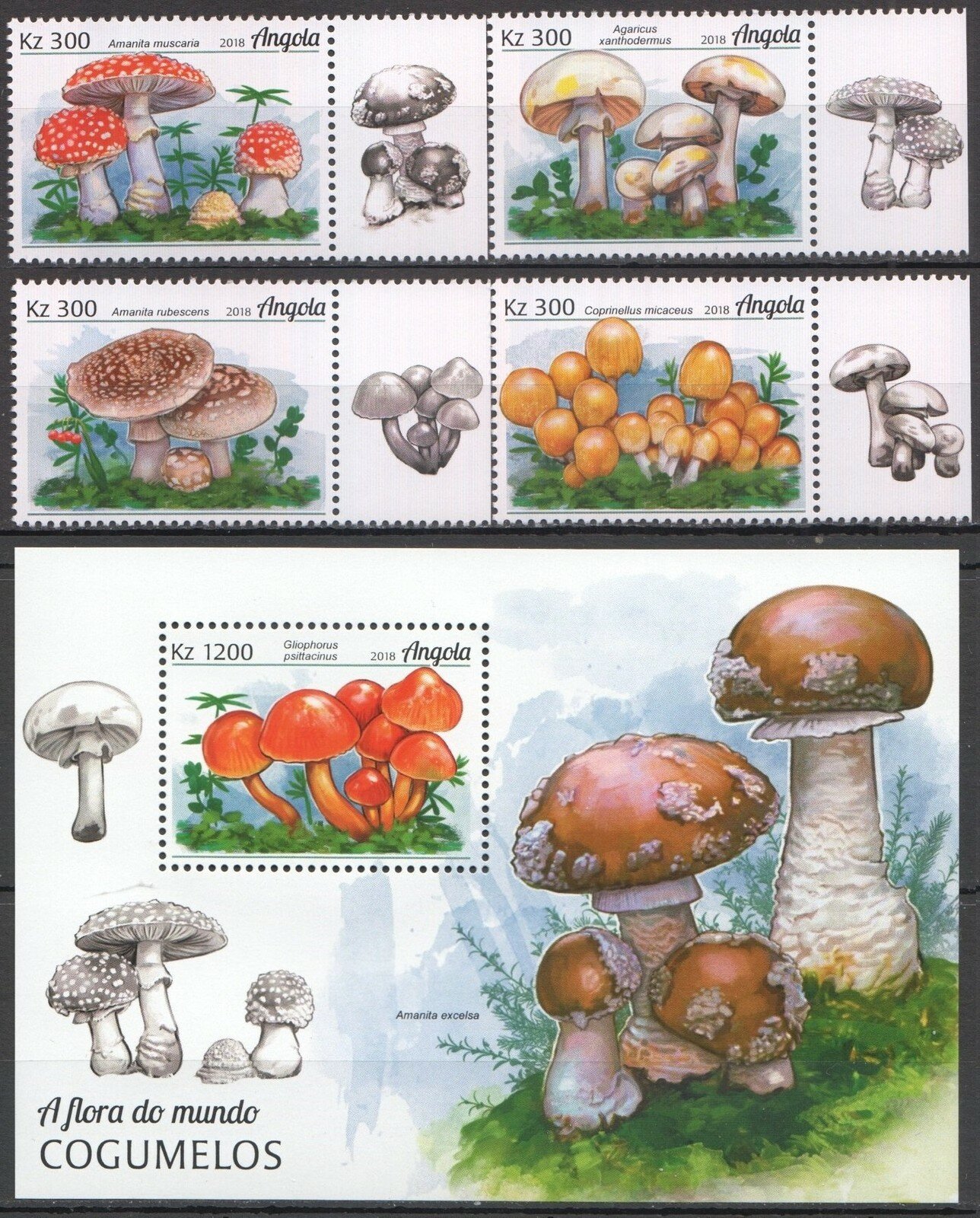 Марки 2018 год Ангола Грибы Природа Флора #1911-1914+Bl148 Mnh