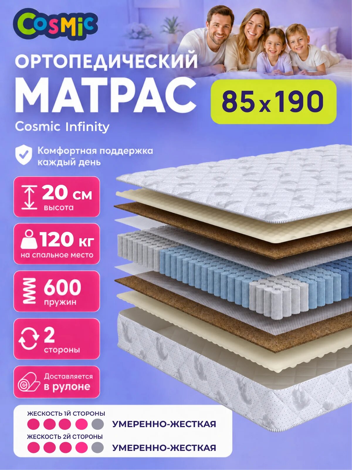 Матрас Cosmic Infinity 85x190 см, пружинный, умеренно-жесткий, высота 20 см, анатомическая поддержка