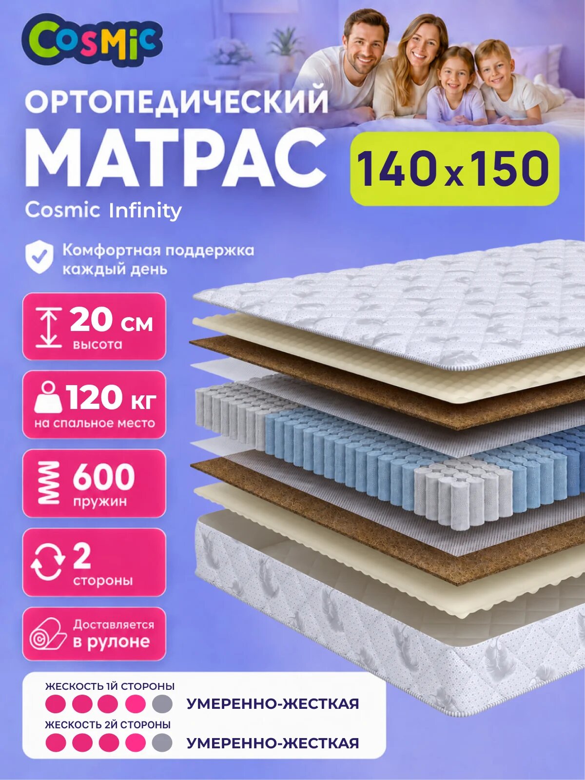 Матрас Cosmic Infinity 140x150 см, пружинный, умеренно-жесткий, высота 20 см, анатомическая поддержка