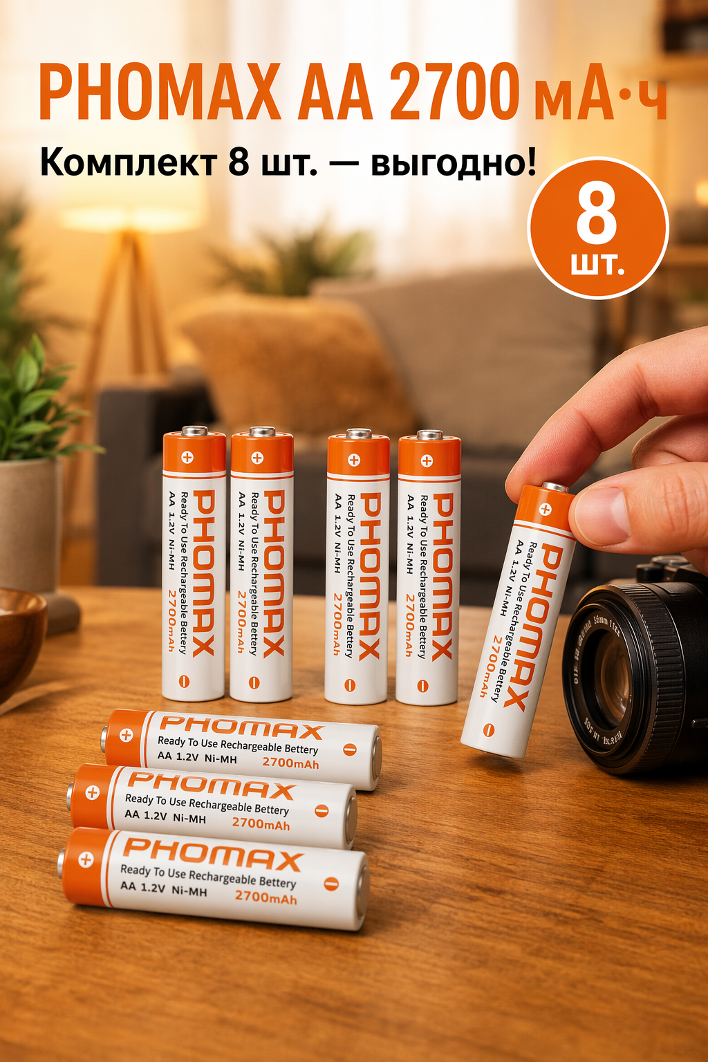 Аккумуляторы PHOMAX AA 2700 мА·ч Ni-MH 1.2V, 4 шт, готовые к использованию, перезаряжаемые батарейки, до 1200циклов