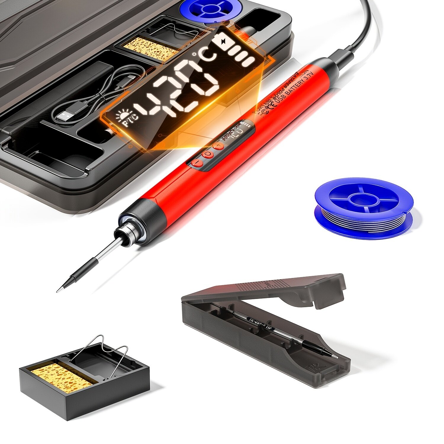 Портативный USB-паяльник с регулировкой температуры и цифровым ЖК-дисплеем, набор для пайки с припоем, подставкой и кейсом, красный