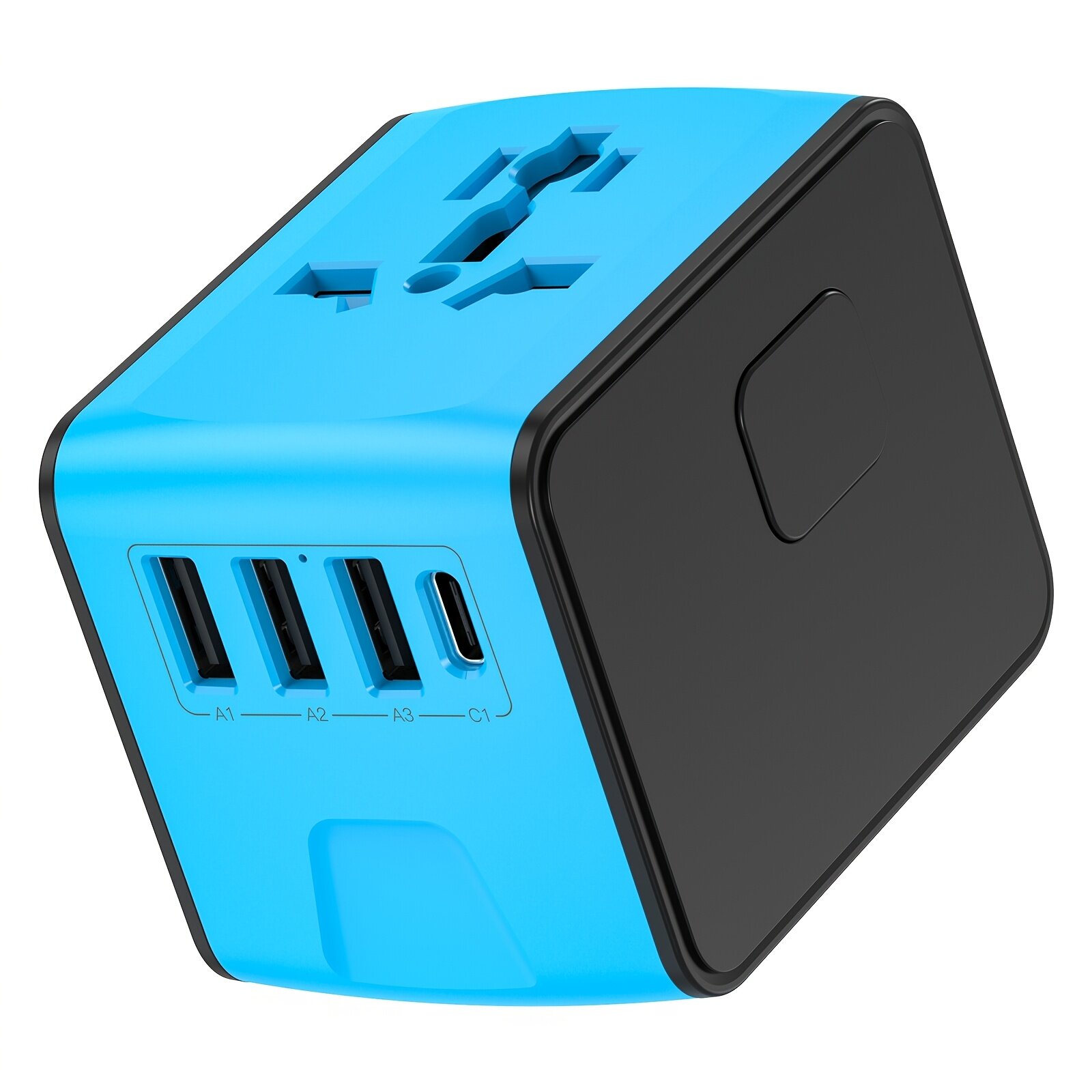Универсальный дорожный адаптер с 4 портами USB (1 Type-C 3.0A и 3 USB-A), выход 3.4A, для 170 стран, синий