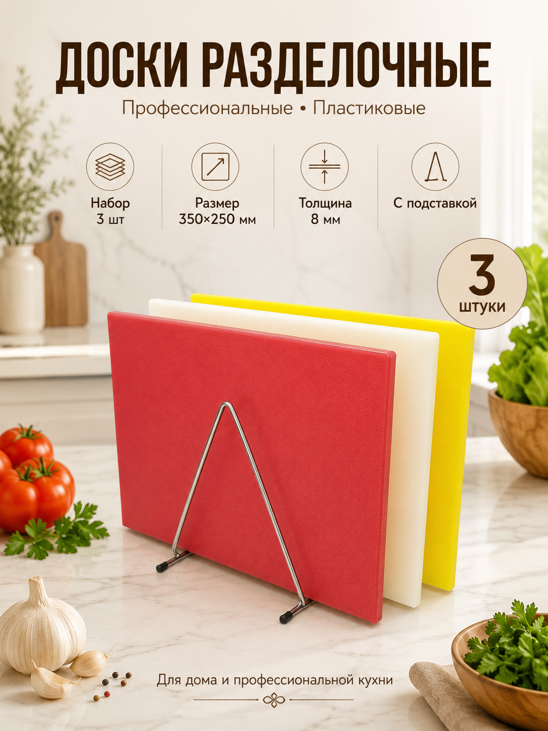 Набор профессиональных разделочных досок 350*250 с подставкой, набор 3 шт