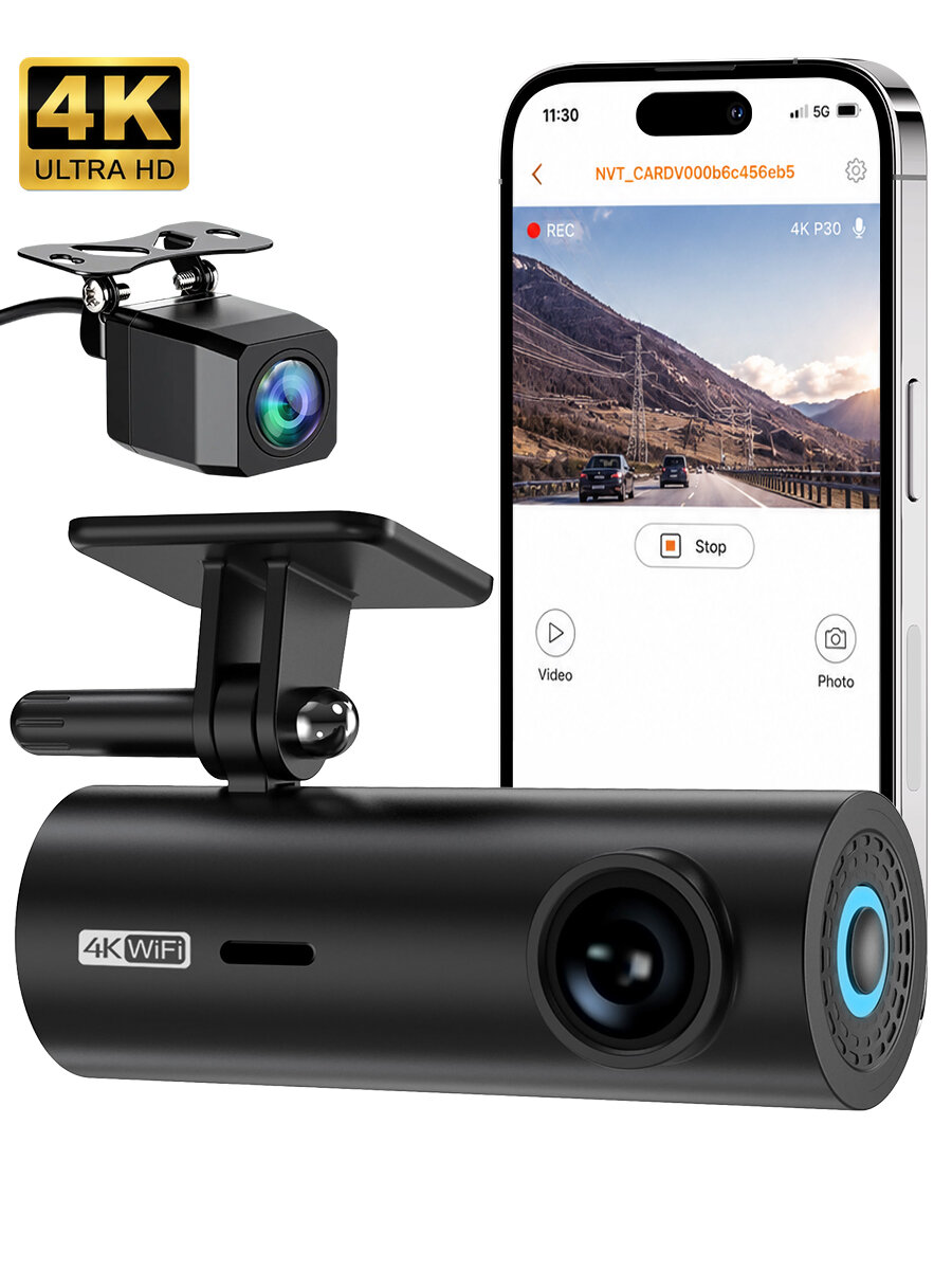 Видеорегистратор для автомобиля с 2 камеры и ночной съемкой, 4K + 1080P WiFi GPS