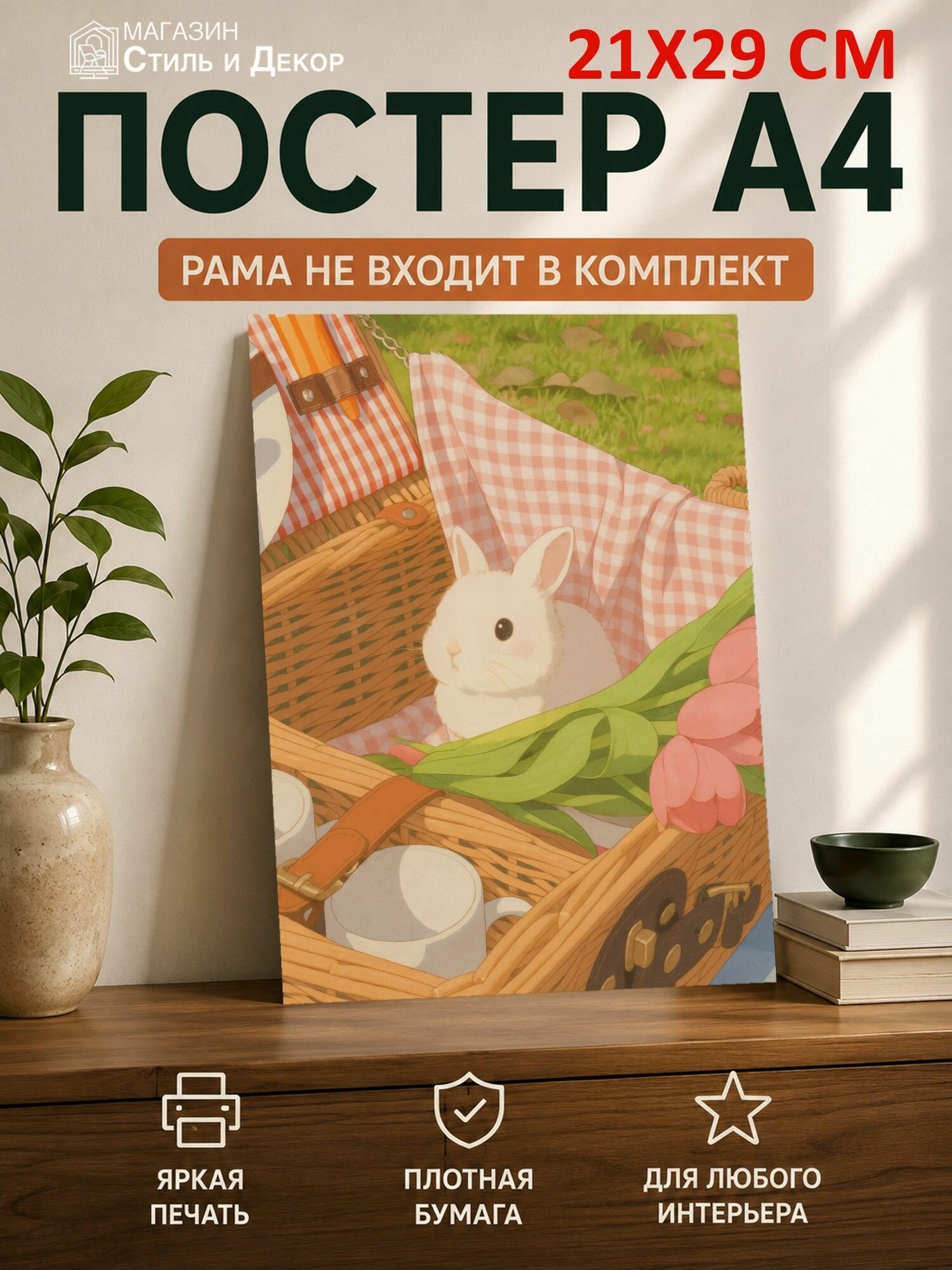 Постер Белый кролик на пикнике в корзинке пастель, плакат на стену интерьерный 21х30 см (А4)