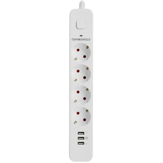 EPS-4-U3-W-4 Сетевой фильтр Гарнизон 2.0 Мультипорт EPS-4-U3-W-4, 4 р, 10А, 3xUSB, 4м, ур. защиты 2+, белый, пакет — фото 1