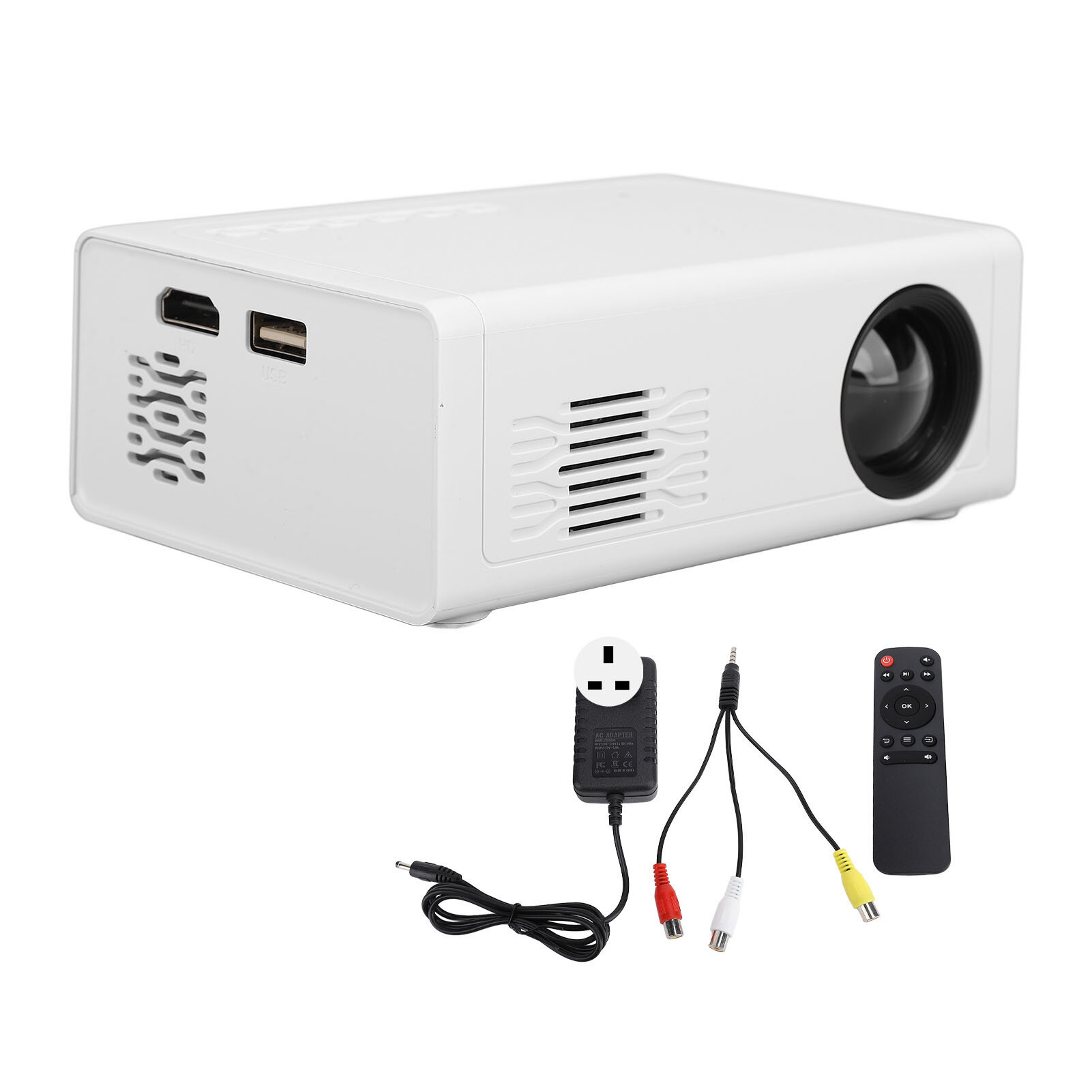Портативный проектор 1080P HD USB Movie Video Projector с HD-мультимедийным интерфейсом, пульт дистанционного управления для смартфона, планшета, ноутбука, белый, британская вилка