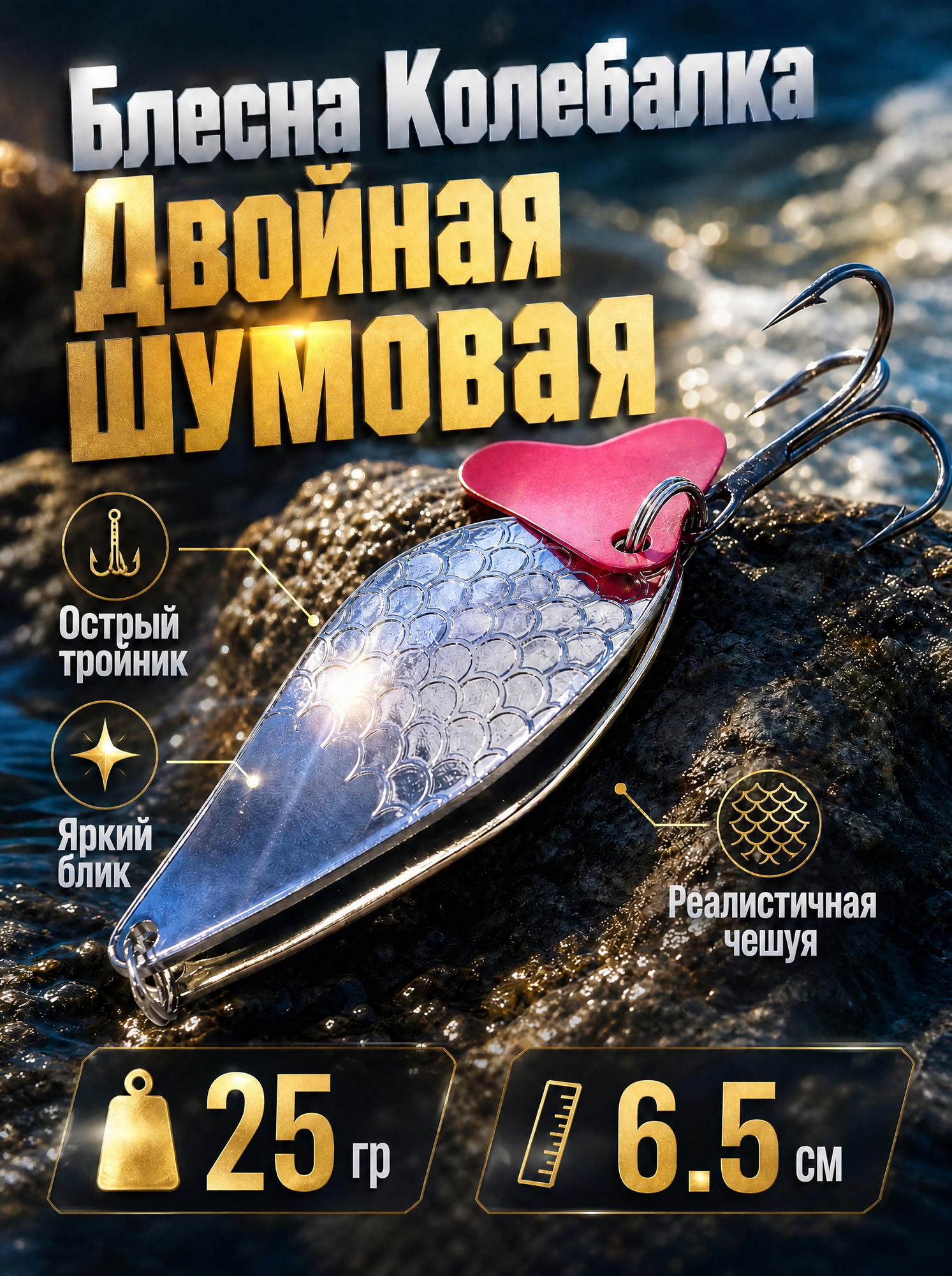 Блесна колебалка двойная на щуку и судака / Шумовая приманка для рыбалки 25 грамм (Д-25)